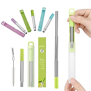 Hoshen 2-Pack Reusable Folding Metal Straw, Outdoor Travel Portable Telescopic Straw, Including Silicone Tip, Cleaning Brush and PP Drawer Shell (Color Box Packaging) - Purple