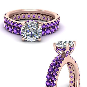JewelryGift Hidden Halo Diamond Ring With Gemstone Band rose gold plated Natural Amethyst Round shape purple color Wedding Ring Sets pave Setting in Size 8 Casual Wear for Gift
