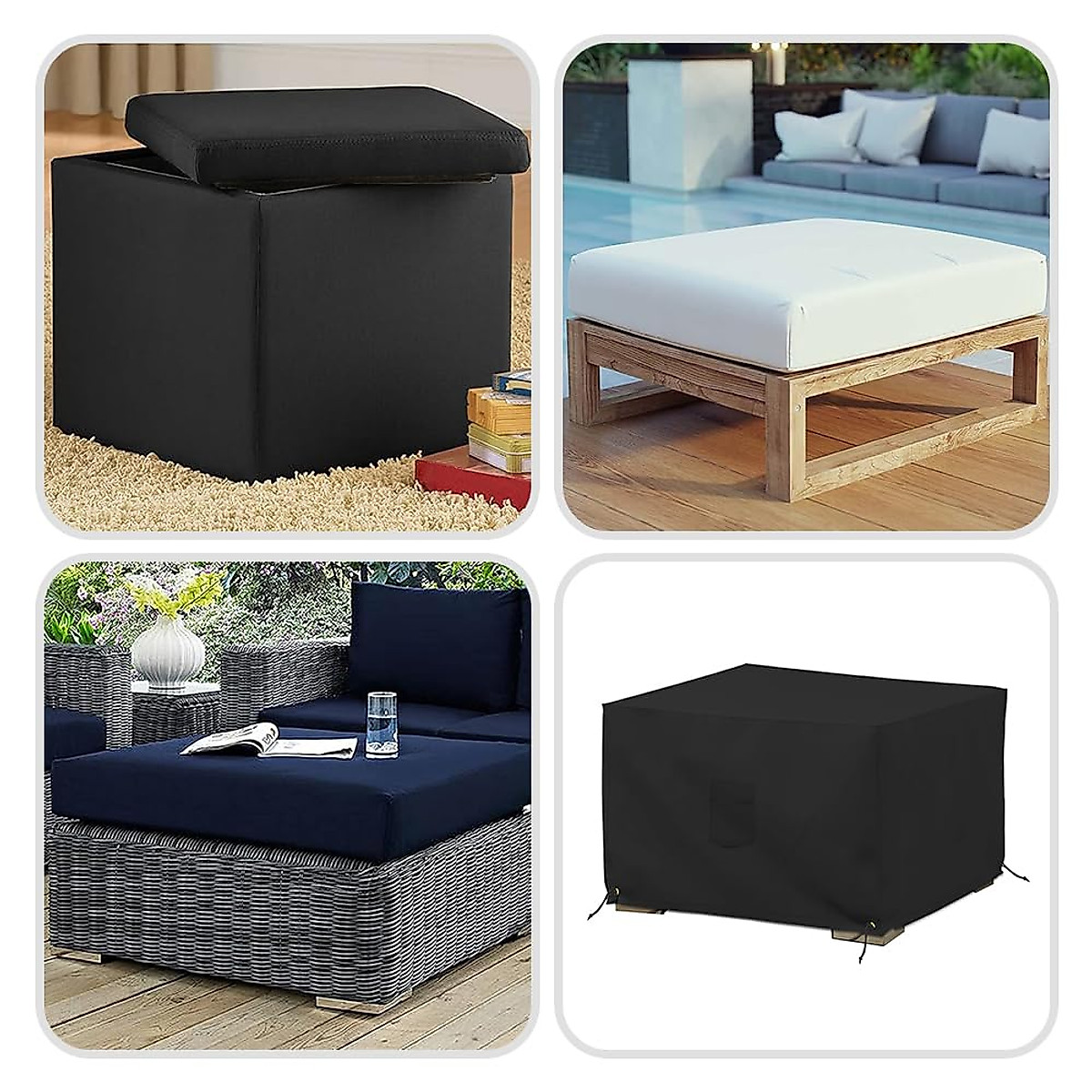 Covers & All Square Ottoman Cover, Heavy Duty 18 Oz Waterproof UV & Weather Resistant Patio Garden Furniture Stool Protector Indoor Outdoor with Air Vents & Drawstrings (34" L x 34" W x 18" H, Black)