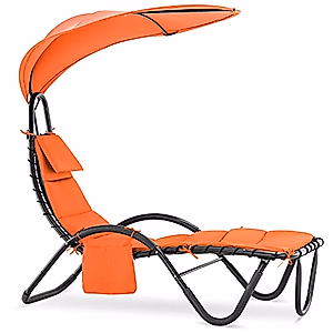 MCombo Outdoor Steel Chaise Lounge Chair with Removable Canopy and Cushions, Reclining Chair w/Side Pocket Arc Stand, for Beach Poolside Backyard Balcony Porch, 4097 (Orange)
