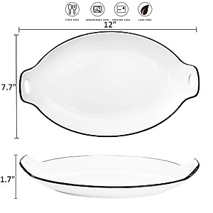 ZOOFOX Set of 4 Oval Serving Platter, 12" White Porcelain Serving Tray with Handle, Large Serving Plates for Appetizer, Dessert, Meat, Salad, Noodle