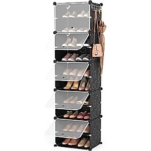 ROJASOP Tall Shoe Rack, 10 Tiers Shoes Storage Cabinet with Doors, 20 Pairs Narrow Portable Shoe Rack Organizer with 2 Hooks Plastic Shoe Closet for Entryway Bedroom Hallway (Black, 1 by 10)