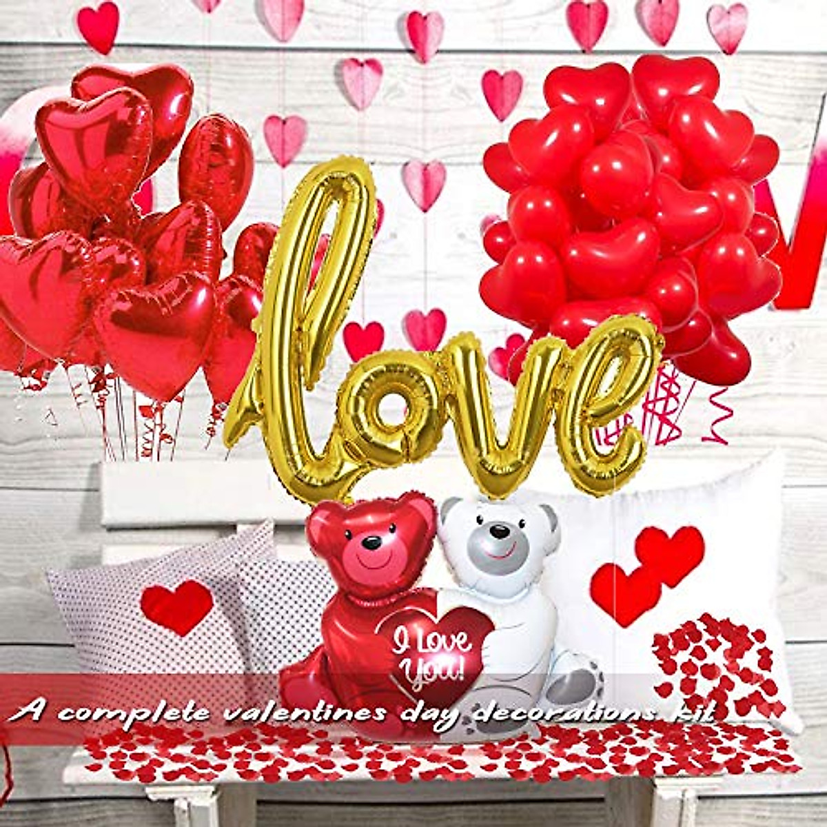 Valentine's Day Love Burlap Banner Red Heart Balloons Decoration kit, 25pcs Red Heart Latex Balloons with Black Red Plaid Love Banner for Valentines Decorations Anniversary Party Decorations