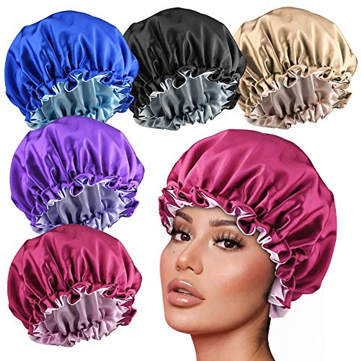 5pcs Drawstring Large Satin Bonnet for Black Women, Double Layer Reversible Silk Hair Cap for Curly Hair Braids,A