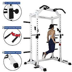 body power], 1st Gen Sturdy Deluxe Rack Cage with Accessories, Power Rack, Power Tower, Pull-Up Bar, Squat Rack, Attachments, Safety Bars, Built-in Floor-Mount Anchors, White, SMU6200