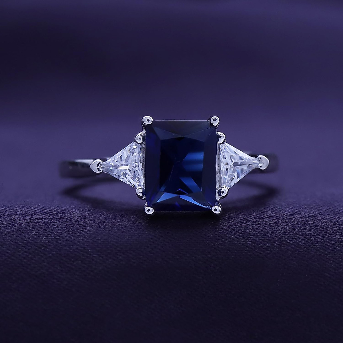 AFFY 14k White Gold Over Sterling Silver Emerald Cut Blue Sapphire With Trillion White Topaz Ring Jewelry For Womens Ring Size-7