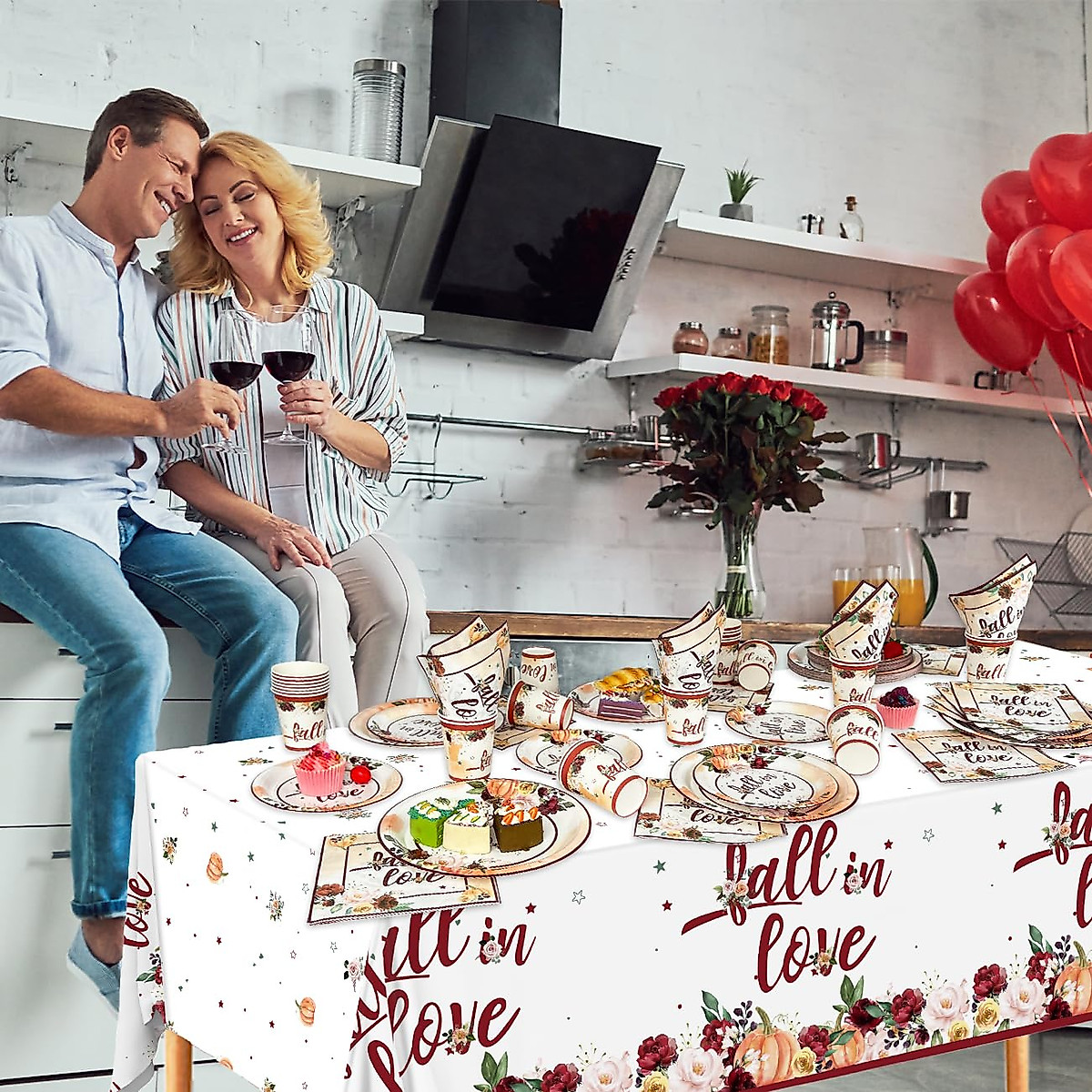 Zhynice Fall in Love Bridal Shower Decorations 121 Pcs Fall Wedding Disposable Dinnerware Autumn Floral Pumpkin Plates and Napkins Cups Tablecloth for Fall Theme Wedding Engagement Supplies 30 Guest