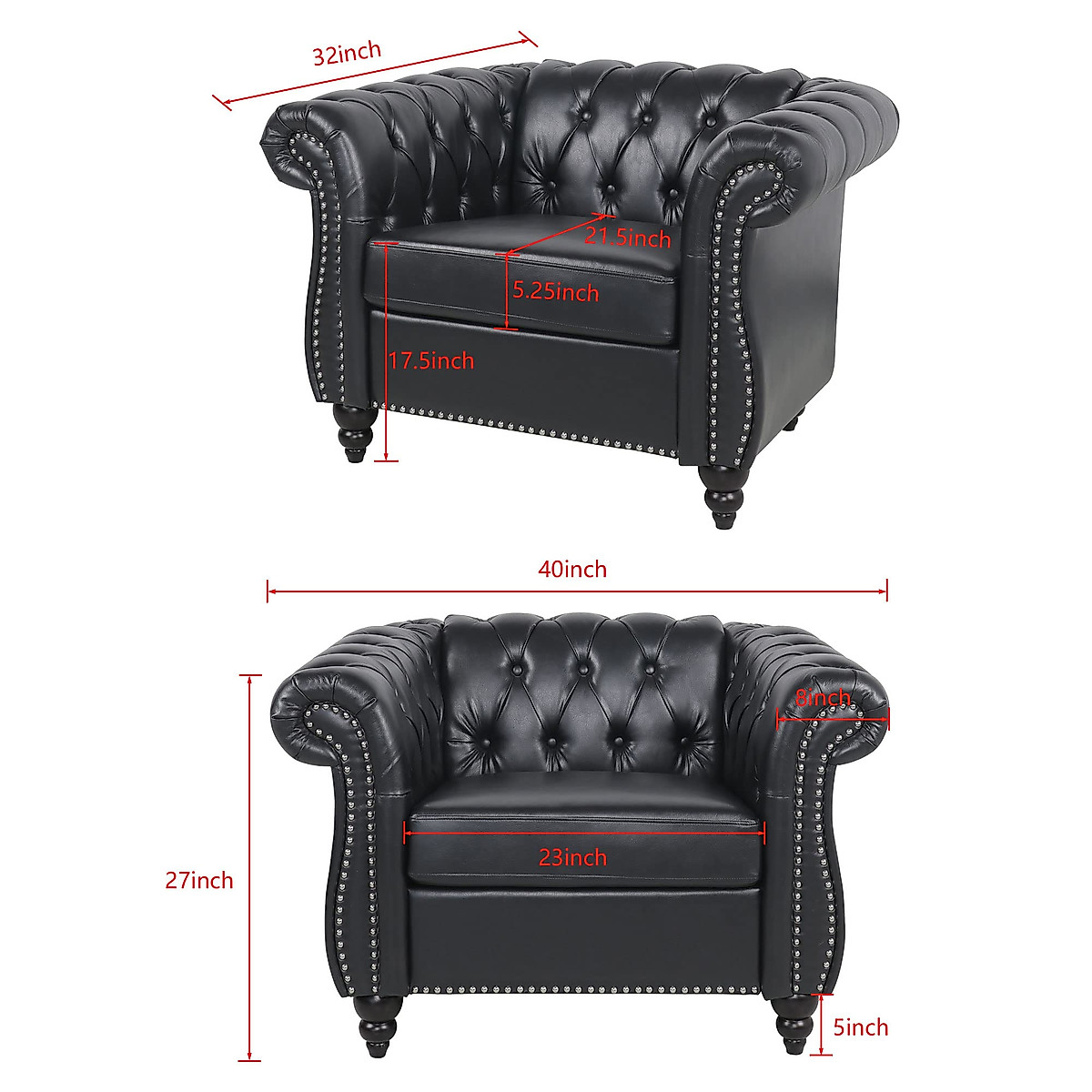 FOKWE Chesterfield Chair Leather, Upholstered Single Sofa Chair, Accent Comfy Club Armchair with Rolled Arms and Nailhead for Living Room, Bedroom (Black)