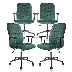 KLASIKA Dark Green Home Office Chair, Vintage Upholstered Adjustable Swivel Arm Chair with Lumbar Support Wheels, Mid-Back Leisure Velvet Vanity Task Chair 4 Pack