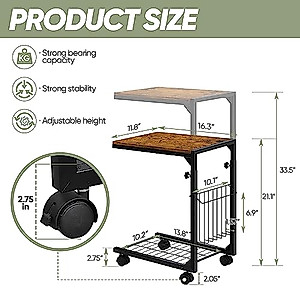 melos C Shaped End Table Set of 2, Adjustable Height Snack Side Table, C Tables for Couch, Couch Tables That Slide Under, for Living Room, Brown