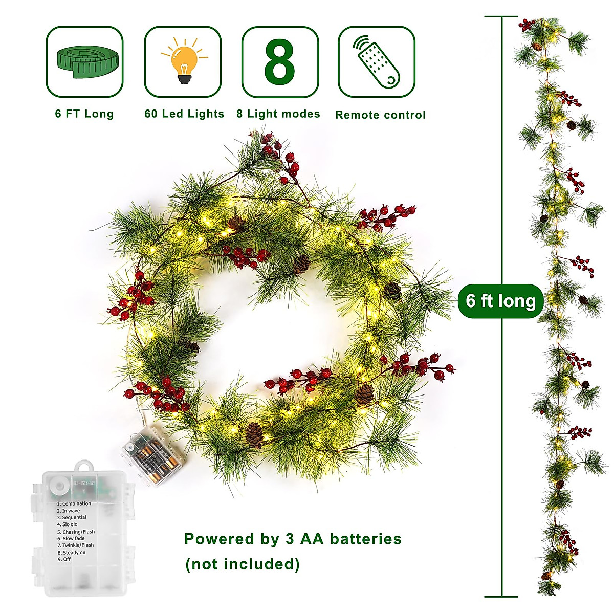 KaKaPops Christmas Garland with Lights, 6 FT Battery Operated Garland with 60 LED Lights, Timer, Lighted Garland with Berries Pine Cones for Mantle Stairs Railing Home Xmas Decoration Indoor