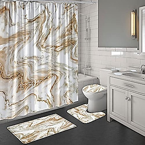 MitoVilla 4 Pcs Brown Marble Shower Curtain Sets with Rugs, Tan Bathroom Decor Sets with Shower Curtain and Rugs and Accessories, Modern Bathroom Curtain Sets with Mats