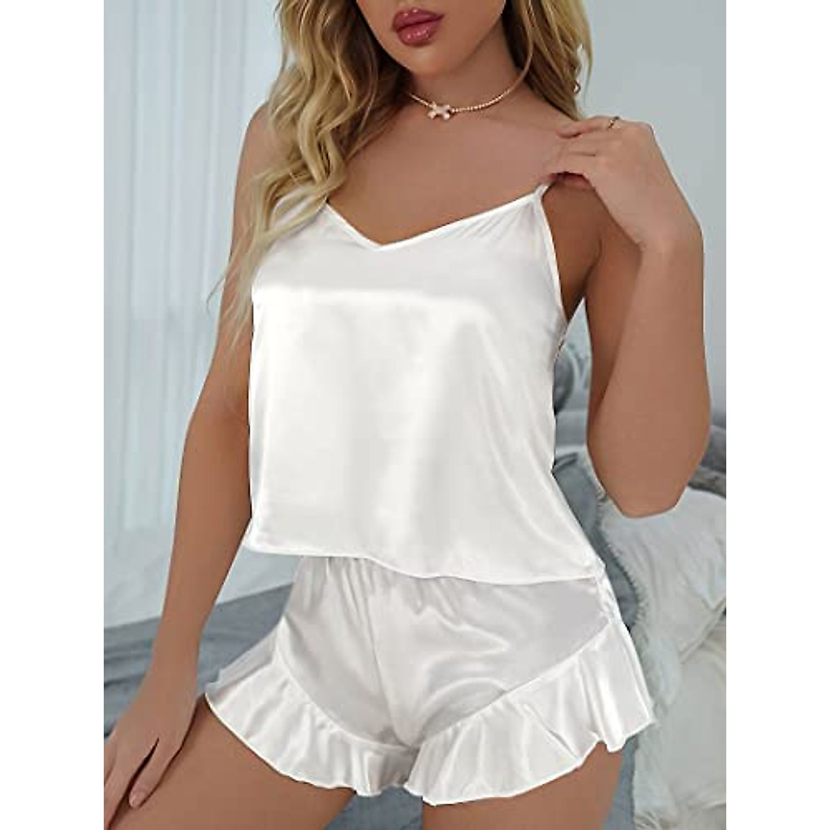 Womens Silk Satin Pajamas Loungewear Two-piece Sleepwear Cami Shorts Pj Set White XXL
