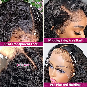 Pizazz 13x4 Human Hair Lace Front Wigs for Black Women Glueless 180 Density HD Transparent Deep Wave Frontal wig with Baby Hair Pre Plucked Bleached Knots(14 Inch, Black color)
