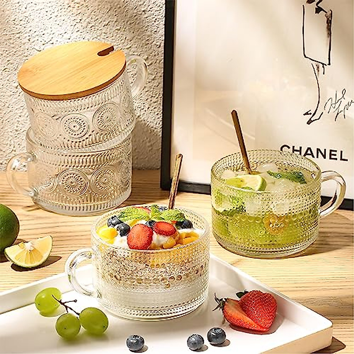 GUUTRY Vintage Coffee Mugs Set of 4: Glass Coffee Cups with Bamboo Lids and Spoons - 14 Oz Clear Embossed Glassware Tea Cups - Iced Coffee Glasses/Overnight Oats Container/Coffee Bar Accessories