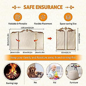 WICHEMI Fireplace Screen 3 Panel Folding Fireplace Screens 50.4 x 32.3 Inch Metal Furnace Fireguards Mesh Cover Baby Safe Proof Fence Spark Guard Cover Wrought Iron Fire Place Standing Gate (Golden)