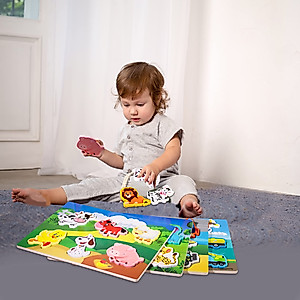 Wtaleop Wooden Peg Puzzle for Toddlers 1-3 Year Old,Funsland Puzzles Gifts Colorful Toys Cartoon Gifts,Farm Zoo Animals Vehicle Arsenal Puzzles (Pack of 4)