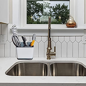 ZUIWAN Kitchen Dish Brush Holder for Kitchen Sink,Utensil Drying Caddy,Scrubber/Bottle Brush/Sponge Holder,Kitchen Sink Counter Organizer has Removable Drain Tray,Plastic(Gray and White)