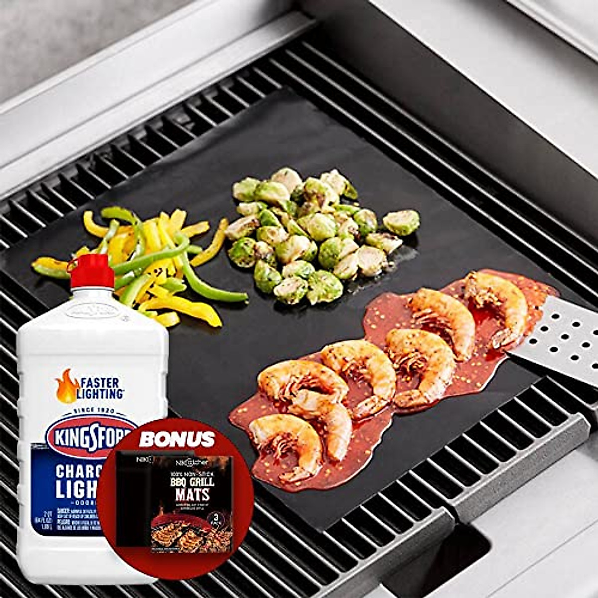 Kingsford Charcoal Lighter Fluid 64Oz with 3Pack NikCatcher Heavy Duty BBQ Grill Mats for Outdoor Grill - Non Stick, Reusable, and Easy to Clean