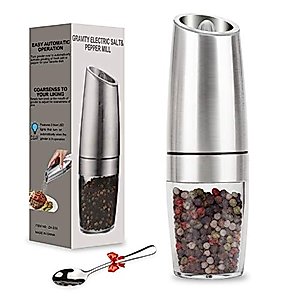 Pepper Grinder, Gravity Electric Pepper Mill, Battery Operated Automatic Salt Mill with Blue LED Light, One Handed Operation, Adjustable Coarseness, Silver（Including Stainless Steel Spoon）