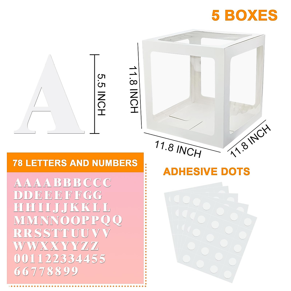 Thickened 5 PCs White Transparent Balloon Boxes with 78 Letters & Numbers for Custom Name,Clear Baby Boxes Love Balloon Box for Baby Shower,Gender Reveal, Bridal Shower & Birthday Party,Prom Boxes