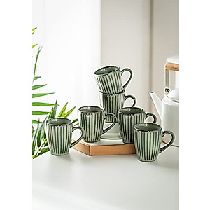 LAUCHUH Coffee Mug Set, Porcelain Fluted Mug 12 Oz Coffee Mugs with Large Handle for Coffee, Tea, Milk, Cocoa, Cereal, Father Day Gifts, Green Framhouse Style for Christmas, Set of 6