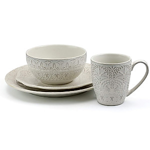 Elama Elegant Round Embossed Stoneware High Class Dinnerware Dish Set, 16 Piece, White