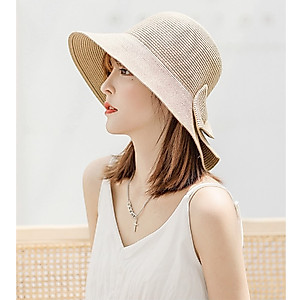 Womens Wide Brim Slit Sun Hat Bow Knot Summer Straw Sun Hats for Women (Beige)