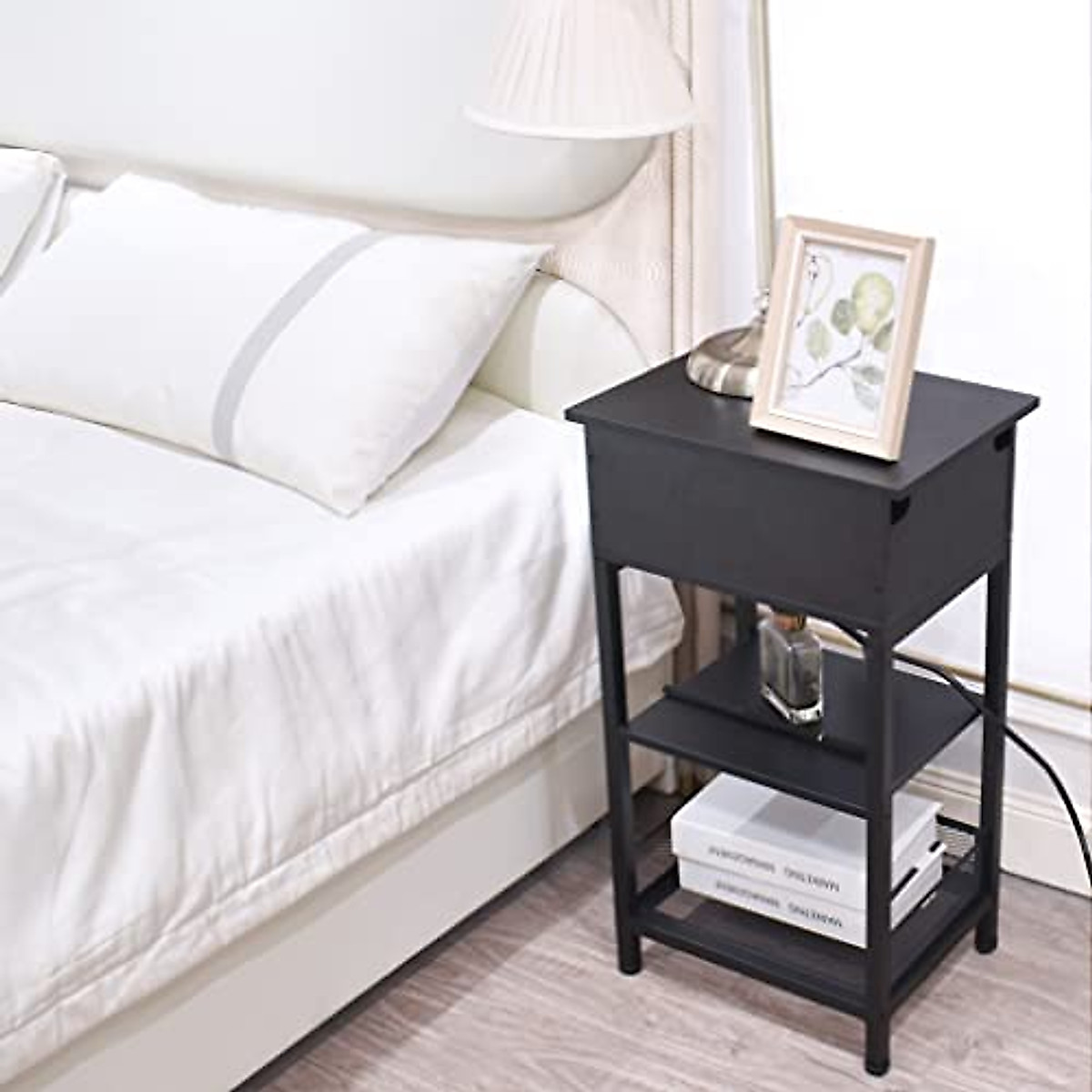 SZLHANJZ Slim End Table, Narrow Nightstand with Charging Station, Slide Open Sofa Bed Side Table with Drawers Storage Shelf, 3-Tier Wood & Metal Modern Nightstand for Home Office Dorm, Black