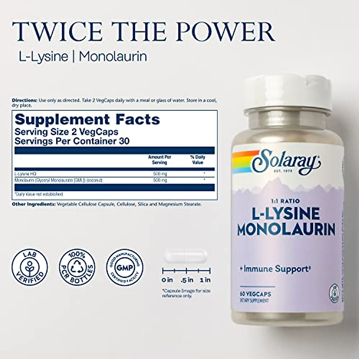 SOLARAY L-Lysine Monolaurin Immune Support Supplement, 1:1 Ratio for Immune System Function, Skin and Gut Health Support, 500 mg Each, 60-Day Money Back Guarantee, 30 Servings, 60 VegCaps