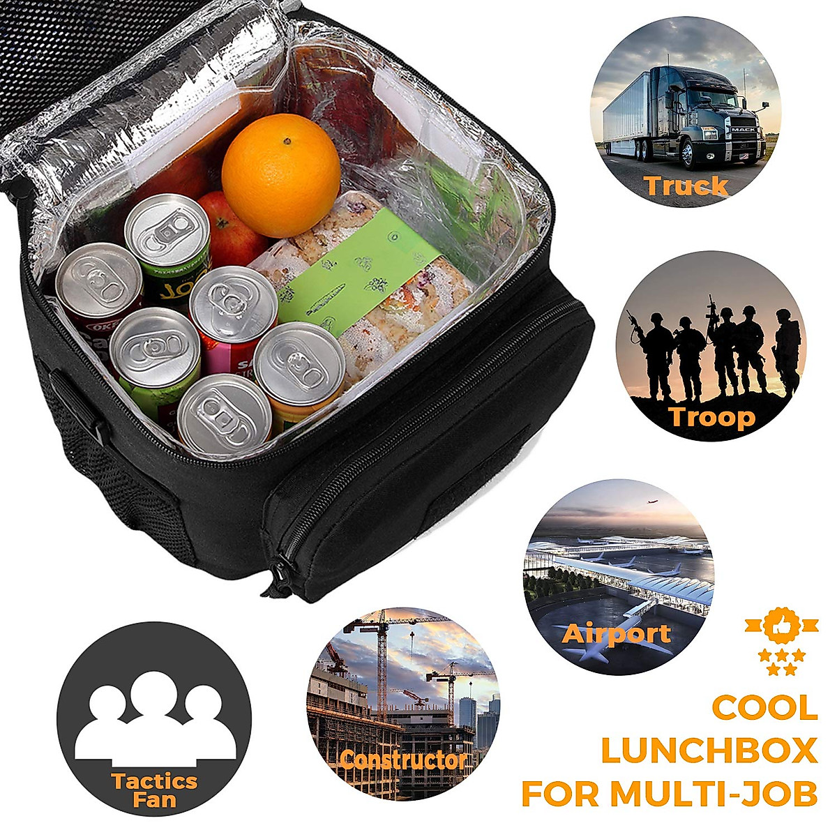 DBTAC Tactical Lunch Bag, Insulated Lunch Box for Men Women Adult | Durable School Lunch Pail for Teens | Leakproof Lunch Cooler Tote for Work Office Travel | Soft Easy To Clean Liner x2, Black