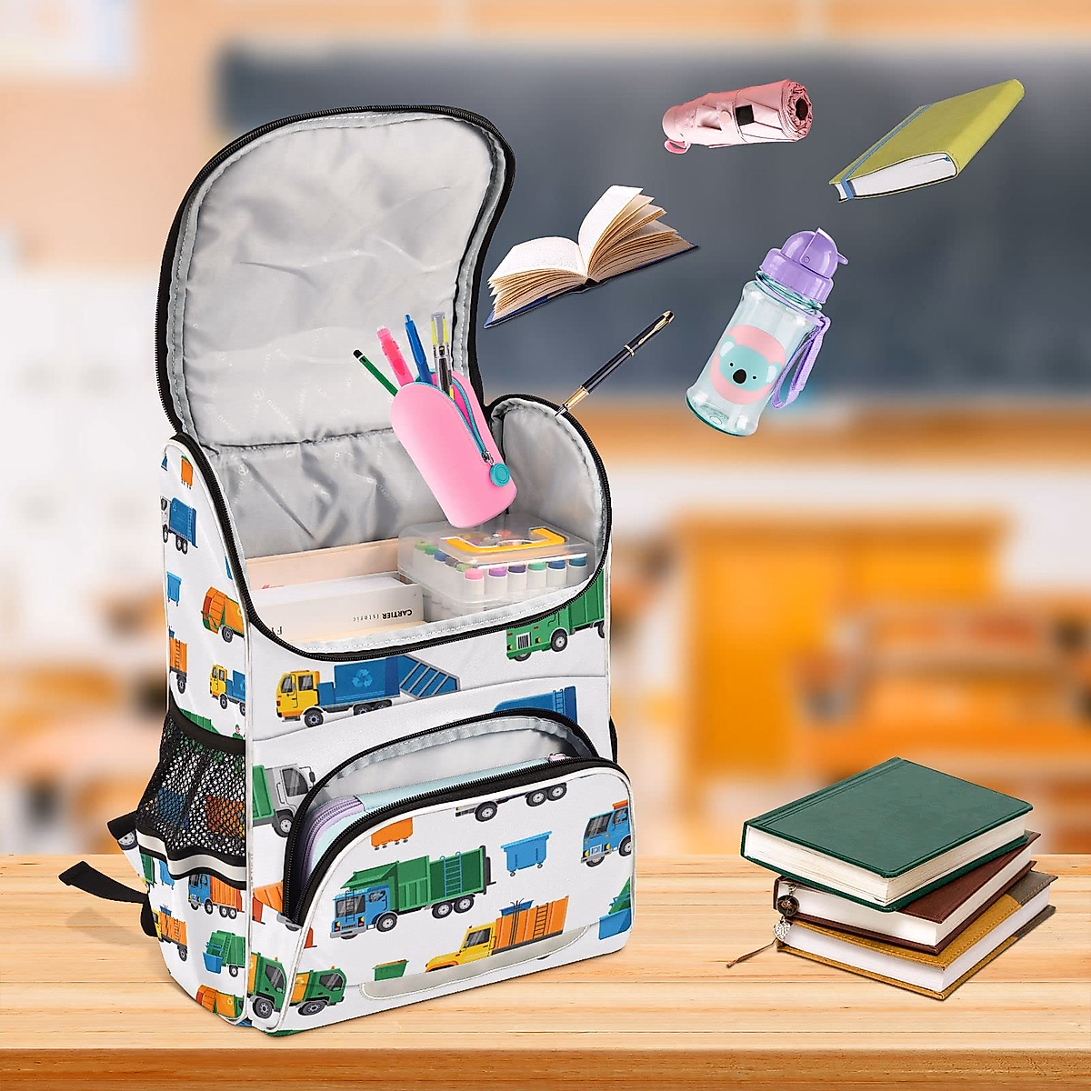 XUWU Custom Personalized Garbage Trucks Backpack with Reflective Strip for Kids Boys Girls Elementary School Bag Removable Chest Strap