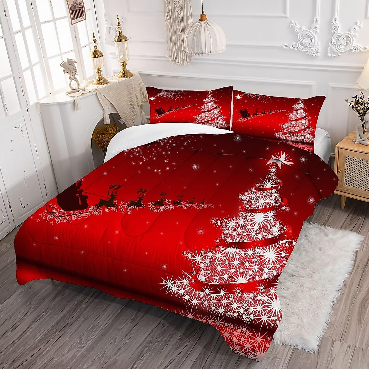kxry Merry Christmas Comforter Set Santa Claus Deer Christmas Tree Galaxy Red Bedding Quilt King Size for Girls Boys Kids 1 Comforter + 2 Pillow Cases