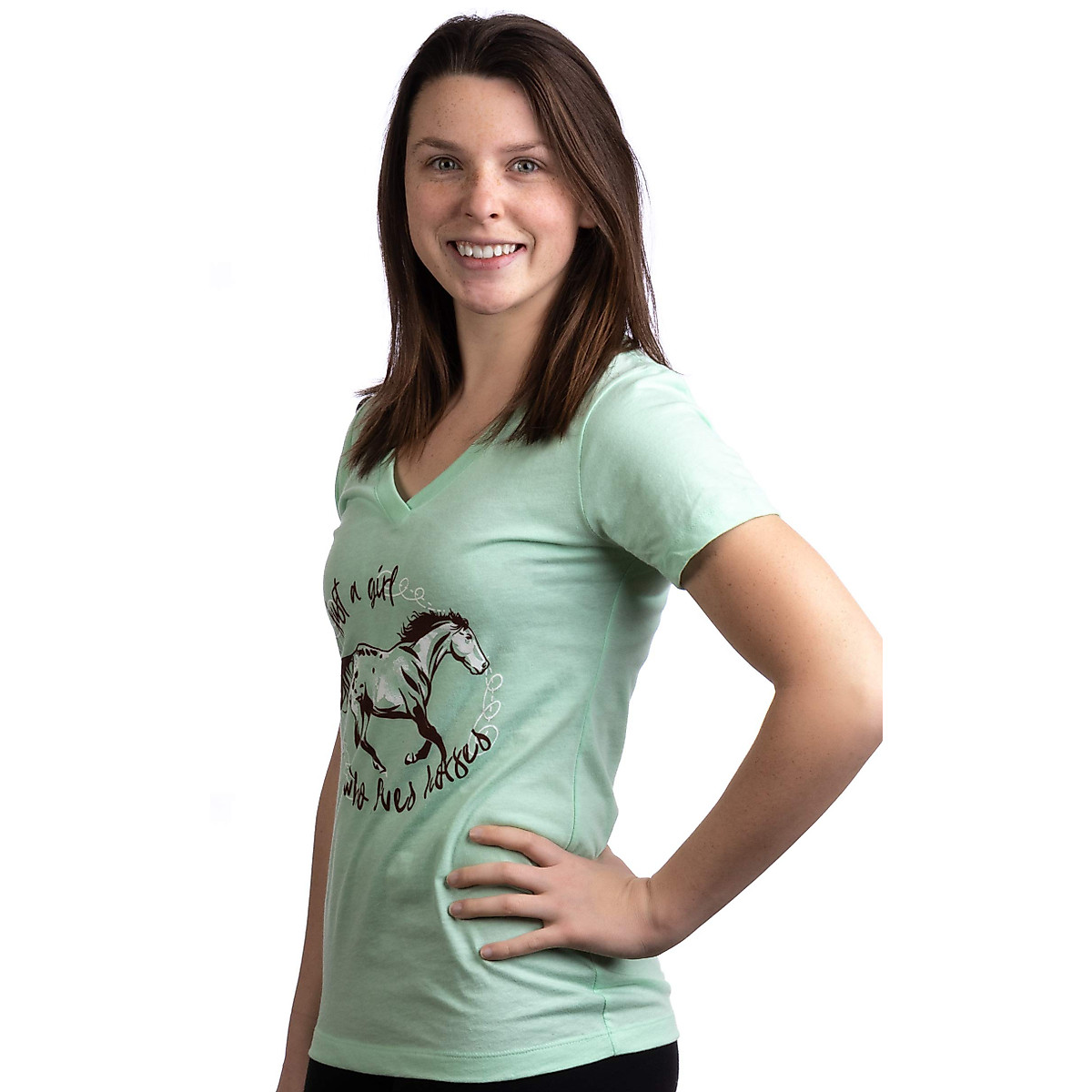 Ann Arbor T-shirt Co. Just a Girl who Loves Horses | Cute Girl Riding Rider V-Neck T-Shirt for Women-(Vneck,M) Mint