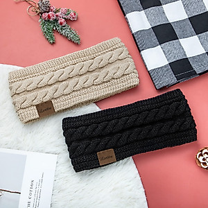 Loritta 2 Pack Headbands for Women Winter Warm Cable Knit Ear Warmer Thick Head Wrap Fuzzy Fleece Lined Gifts, Pure Color Black+Beige
