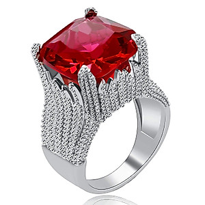 Uloveido Women's Rhodium Plated Volcanic Flame Design Big Red Statement Ring Cushion Cut Cubic Zirconia CZ Solitaire Rings Wedding Engagement for Women (Size 7) RA0414