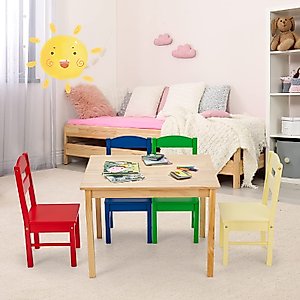 KOTEK Kids Wood Table and 4 Chair Set, Children Multi Activity Table for Learning, Playing, Drawing, Toddler Picnic Table and Chairs Set for Home, Classroom and Daycare (Assorted)
