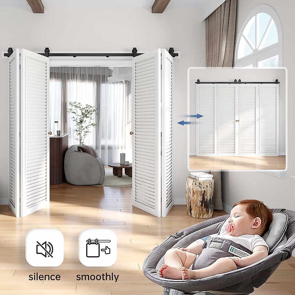 EaseLife 96" Bi-Folding Sliding Barn Door Hardware Track Kit for 4 Closet Door,Top Mount Roller,Heavy Duty,Slide Smoothly Quietly,Easy Install,Black,No Door (Track Length 100" for Four 24" Wide Door)