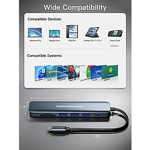 USB C Hub, DockteckExpand 7 in 1 USB-C Multiport Adapter with 4K HDMI, 100W Power Delivery, 3 USB 3.0 Ports, SD/TF Card Reader, for MacBook Pro/Air, iMac, iPad Pro, Surface Pro 7/8, XPS, HP and More