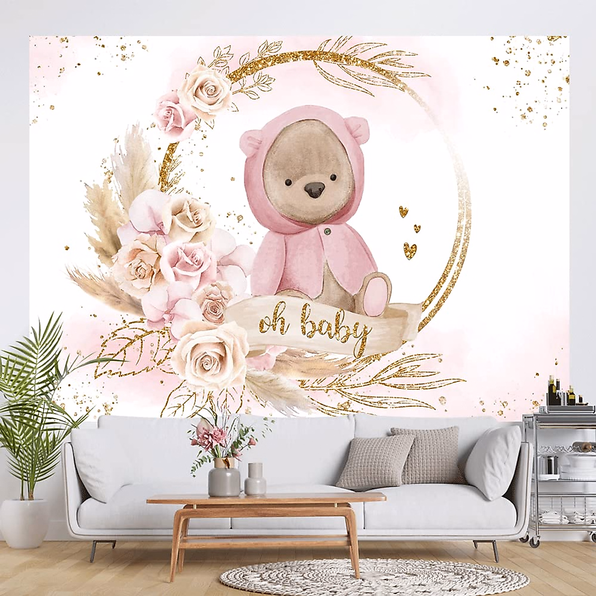 7X5FT Oh Baby Backdrop for Sweet Girl with Pink Bear Boho Rose Flower Background Baby Shower Gold Spots Photography It's a Girl Party Decorations Pink Pampas Grass Banner Photo Booth Props