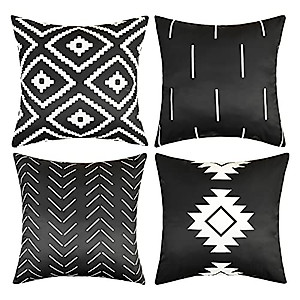 Adabana Set of 4 Outdoor Waterproof Throw Pillow Covers 18x18 Decorative Pillows Case for Patio Furniture Garden(Black-Boho)