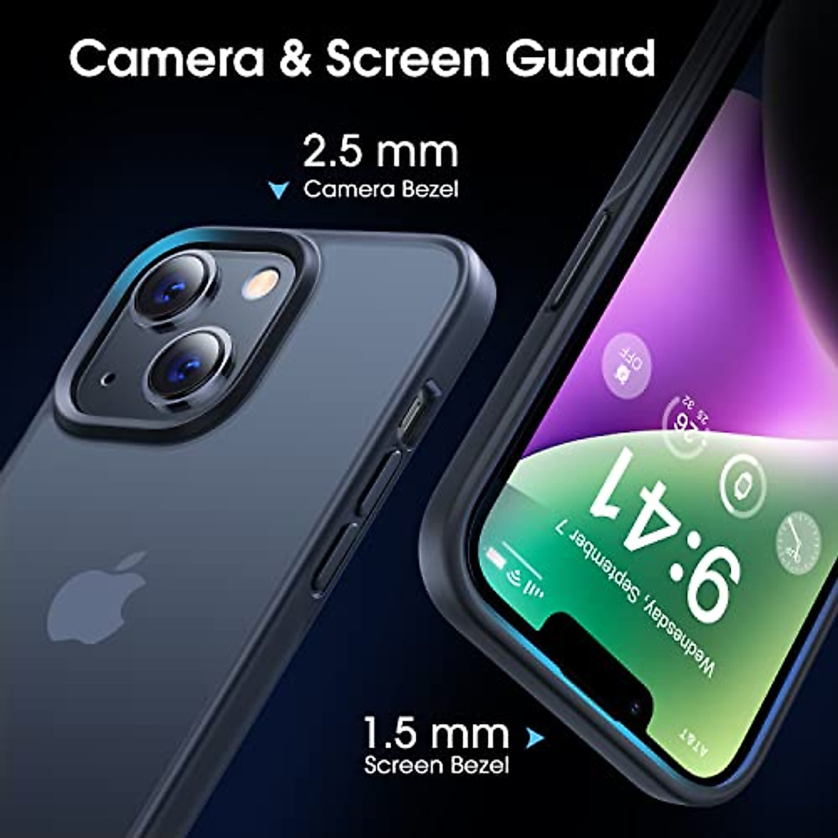 CASEKOO Kooshock for iPhone 14 Case & iPhone 13 Case, [10 FT Military Drop Protection] [Built-in Airbags], Slim Translucent Protective Cover 6.1 inch 2022, Space Black