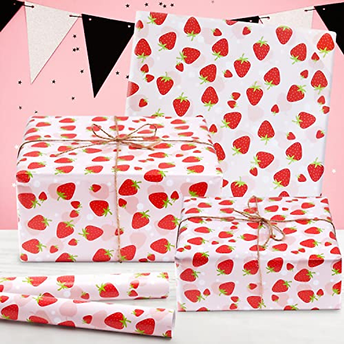 Strawberry Wrapping Paper, 7 Sheets Strawberry Party Gift Wrapping Paper Folded Flat 28 x 20 Inch, Cute Sweet Strawberries Fruity Design Gift Paper for Holiday, Wedding, Baby Shower, Birthday Party