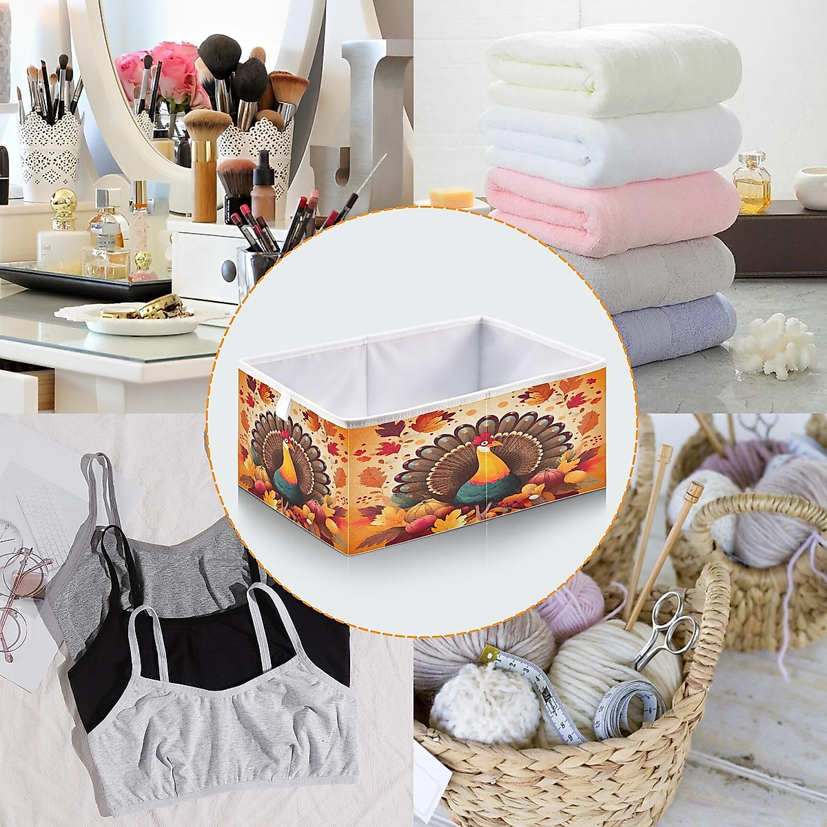 SDMKA Thanksgiving Turkey Cube Storage Bin Foldable Storage Cubes Fabric Storage Baskets for Shelf Closet Home Organizers, 11 Inch