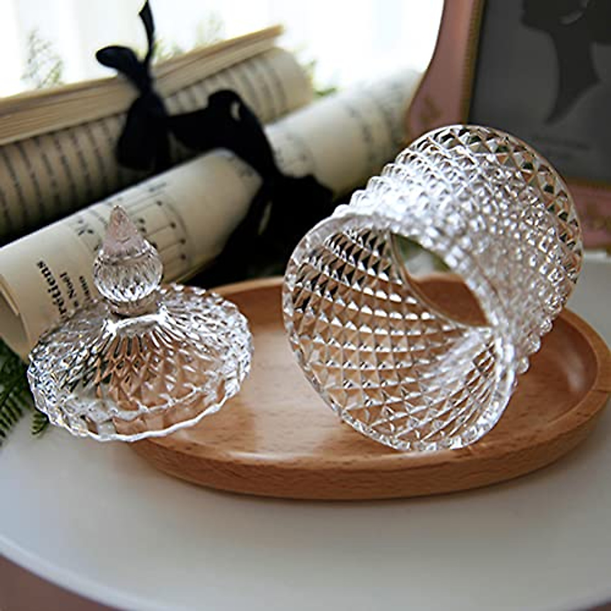 GLASSimpleware Bathroom Glass Qtip Holder Canister with Plastic Partition and Lid for Cotton Swabs Balls Rounds, Home Vanity Countertop Storage Organizer Container