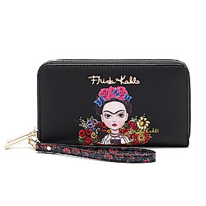 Frida Kahlo Cartoon Two Zip Around Wallet with Wristlet (Black/Black)