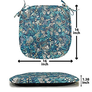 Lunarable Abstract Chair Seating Cushion Set of 4, Nautical Elements Compass Helm Ship Boat Waves Marine Sea Fishing Coast, Anti-Slip Seat Padding for Kitchen & Patio, 16"x16", Blue Turquoise Aqua