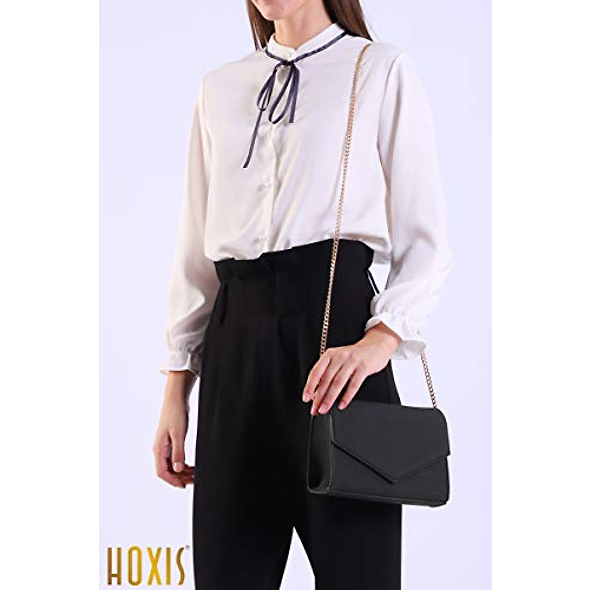 HOXIS Minimalist Evening Envelope Clutch Chain Shoulder Bag Women Faux Leather Suede Purse (Black)