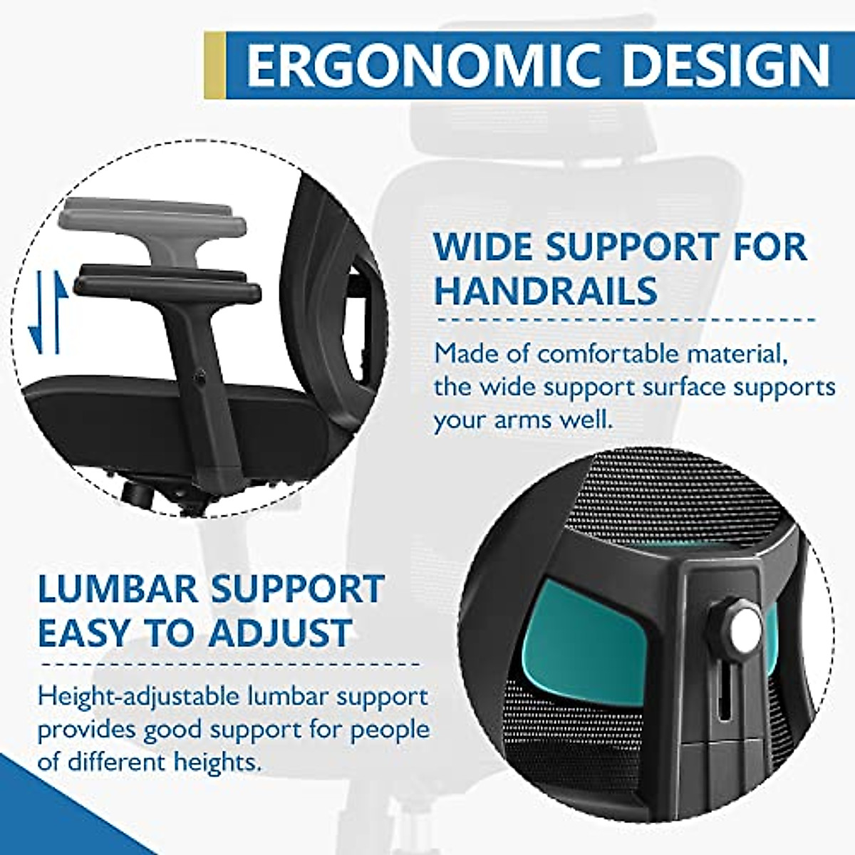 Primy Ergonomic Office Chair,High Back Desk Chair with Adjustable Headrest with 2D Arms,Lumbar Support and PU Wheels,Big and Tall Office Chair for Home and Office,Tilt Function Computer Chair (18-H)