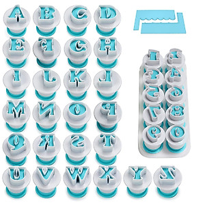 FANGSUN 36 Pieces Alphabet & Numbers Fondant Cake Mold, Cookie Stamp Impress, Embosser Cutter, Upper Case Numbers Shape DIY Cookie Biscuit with 2 Cake Scraper